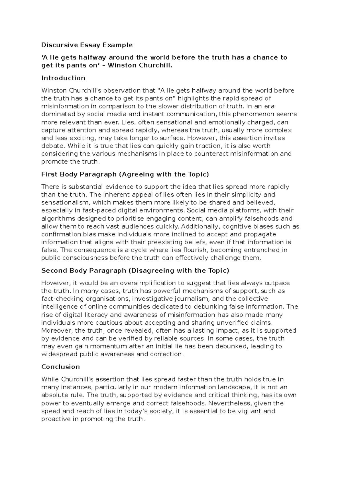 Discursive Essay Example - Introduction Winston Churchill's observation ...