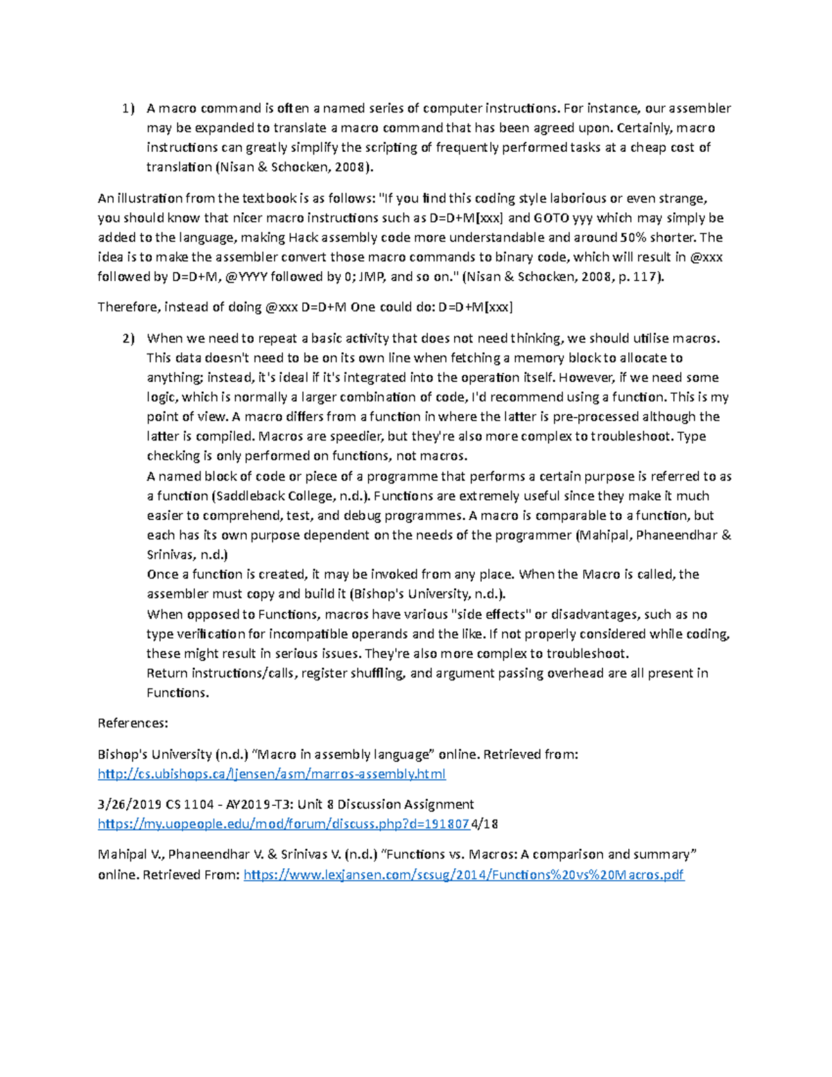 Cs 1104 Unit 8 Discussion A Macro Command Is Often A Named Series Of Computer Instructions