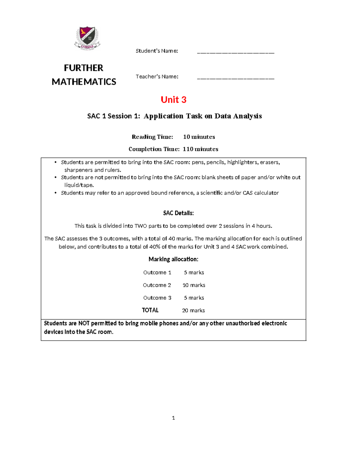 2022 SAC 1 final version (to be administered)V2 - FURTHER MATHEMATICS ...