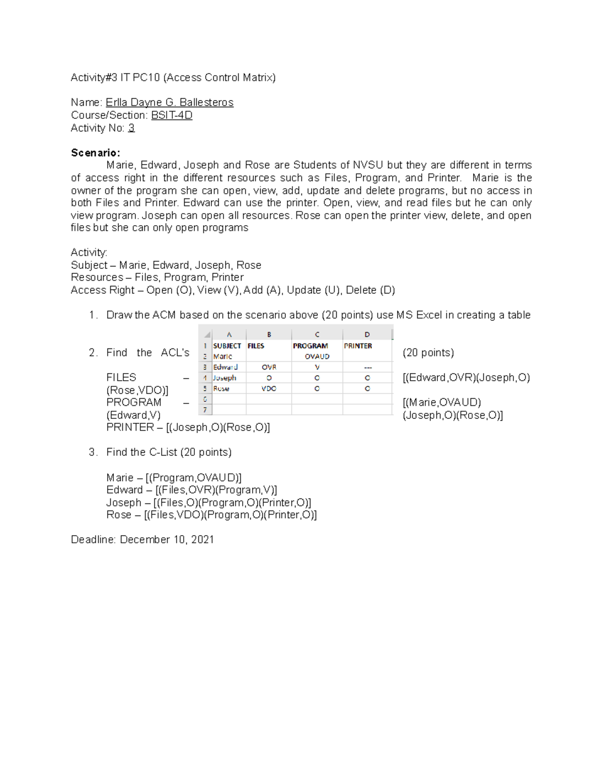 Activity 3 1 - Assignment - Activity#3 IT PC10 (Access Control Matrix ...