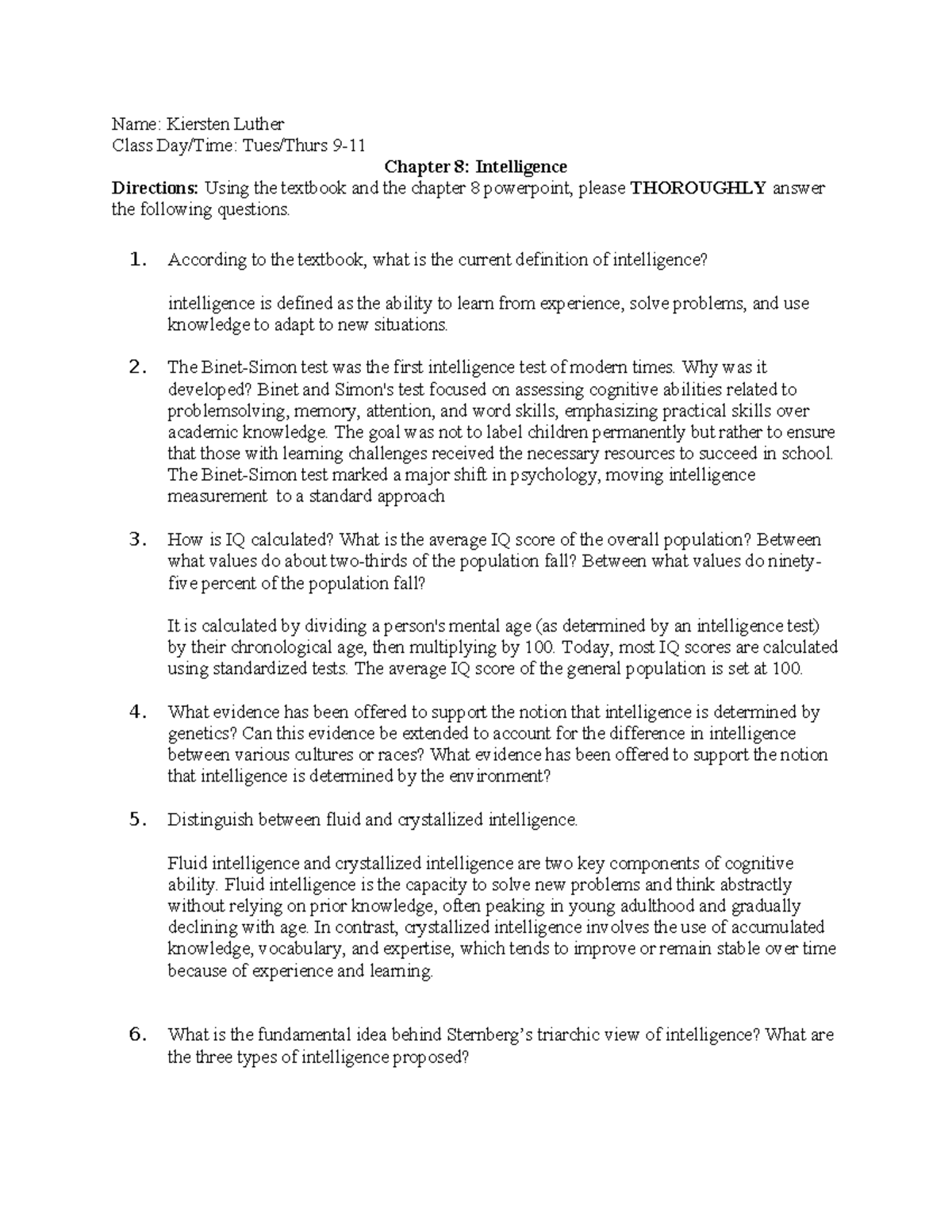 Intelligence Worksheet - Name: Kiersten Luther Class Day/Time: Tues ...