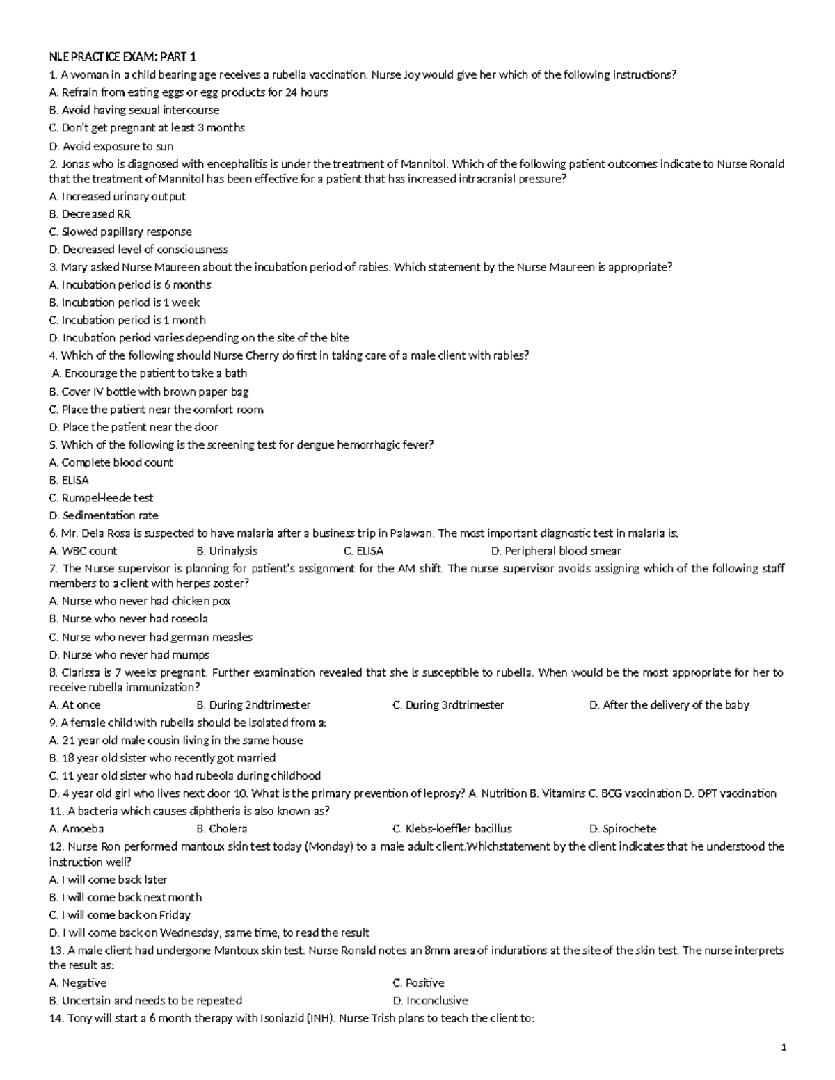 PNLE Practice Board Questions - NLE PRACTICE EXAM: PART 1 A woman in a ...