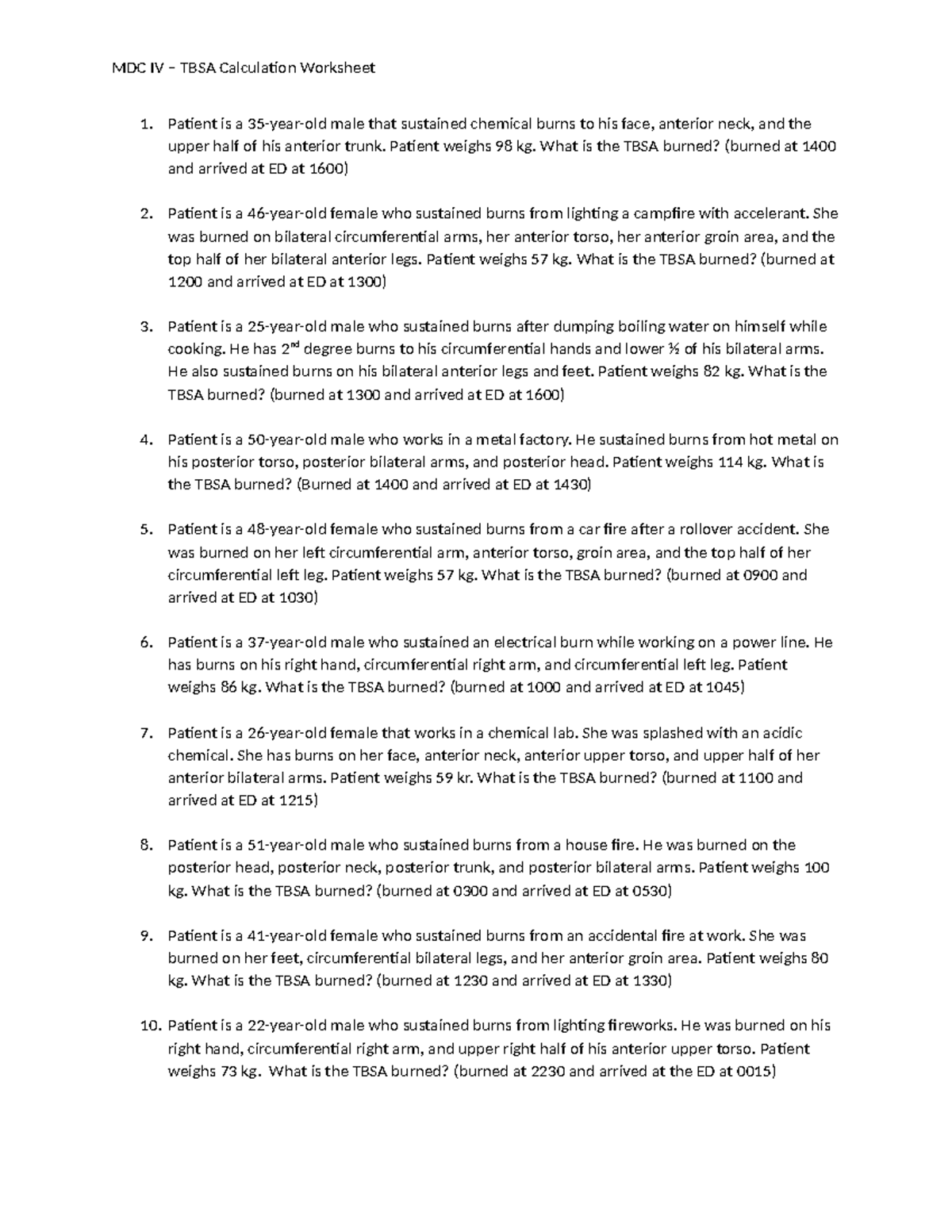 Burn calculations Worksheet - MDC IV – TBSA Calculation Worksheet 1 ...