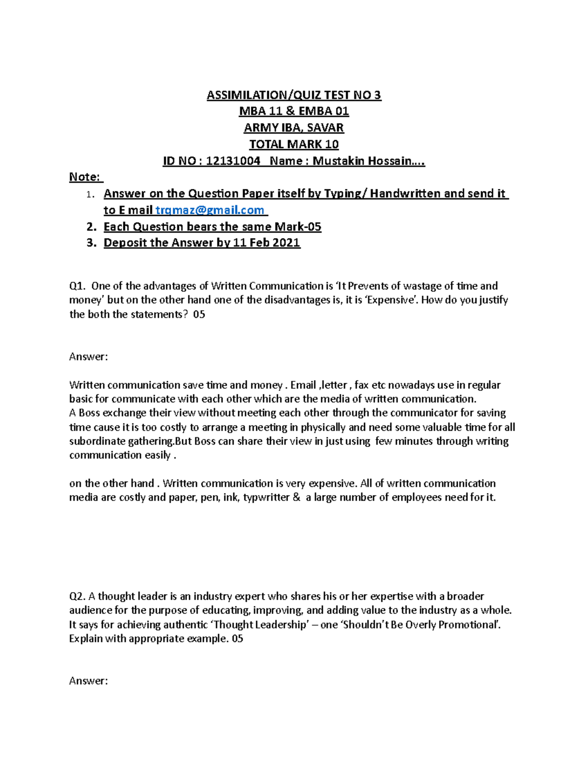 3. Assimilation Quiz No 3 - ASSIMILATION/QUIZ TEST NO 3 MBA 11 & EMBA ...