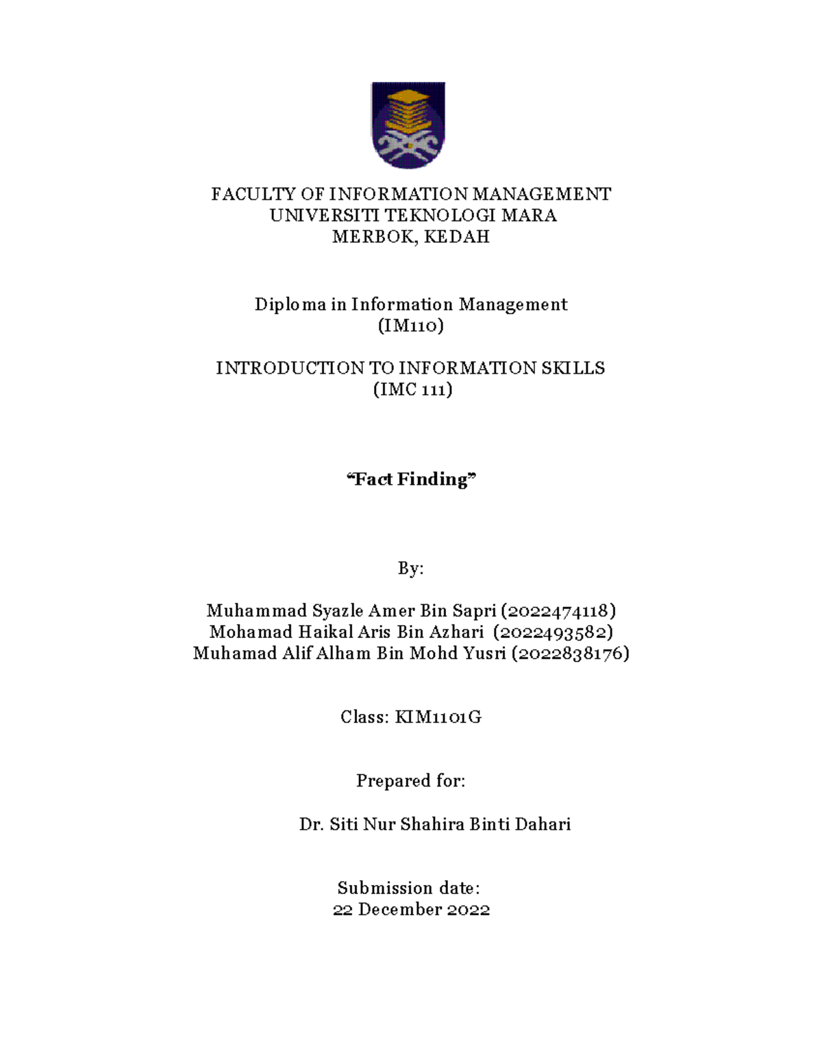 IMC111 (Pair Assignment) copy - FACULTY OF INFORMATION MANAGEMENT ...