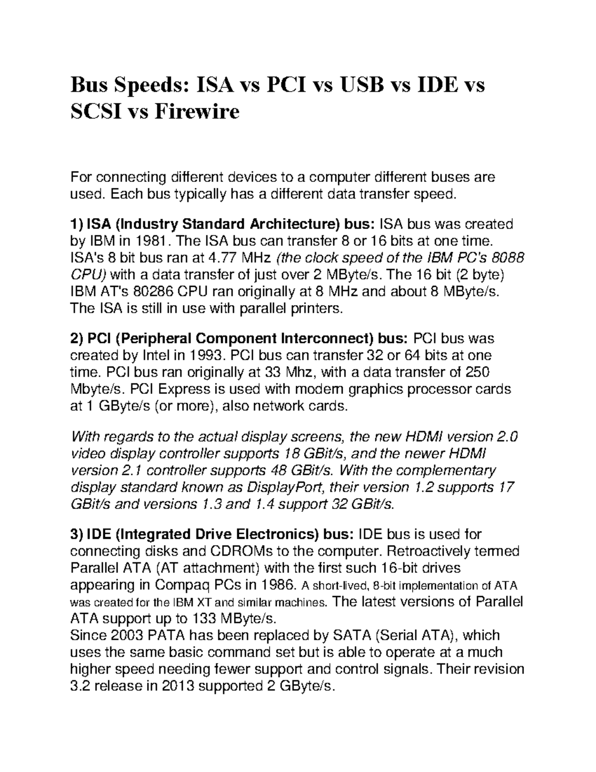 Bus Speeds AND DATA Trasfer Rates - Bus Speeds: ISA vs PCI vs USB vs ...