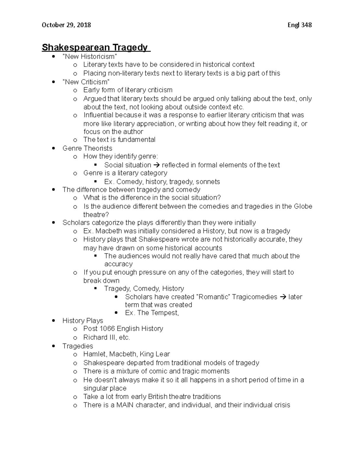 English 348 Shakespearian Tragedy Plays - October 29, 2018 Engl 348 ...