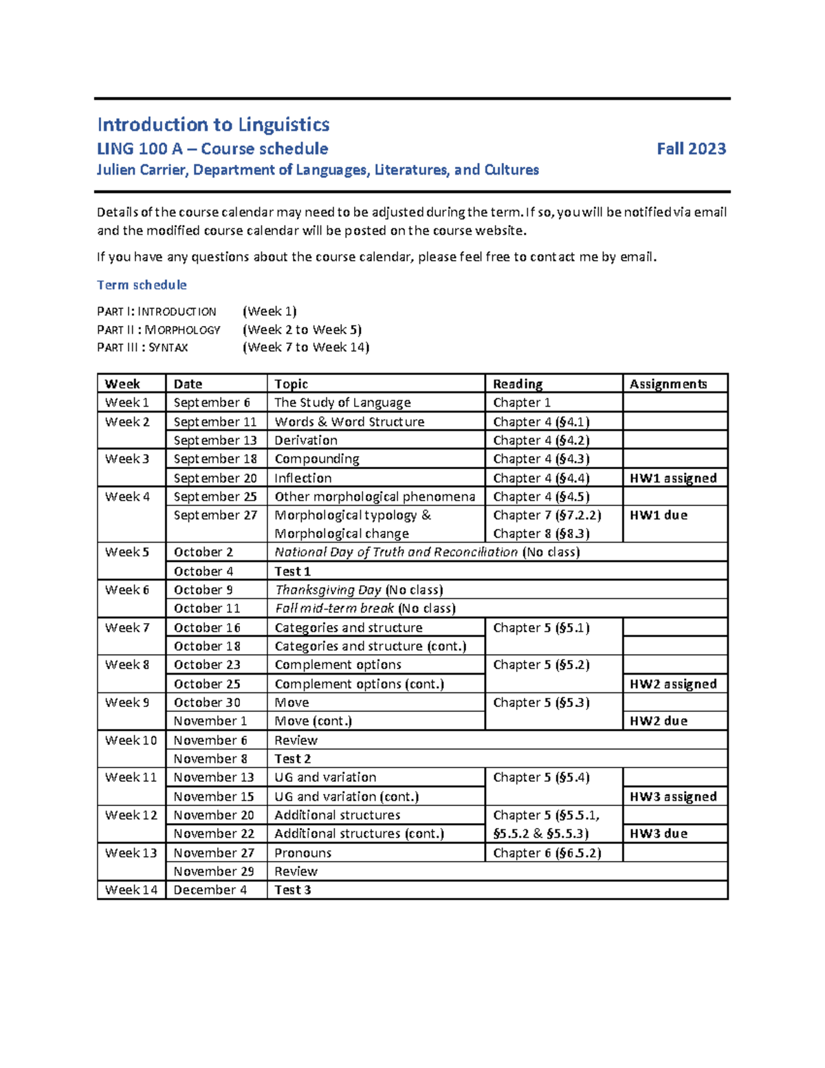 LING 100 A Course schedule - Introduction to Linguistics LING 100 A – Course schedule Fall 2023 ...
