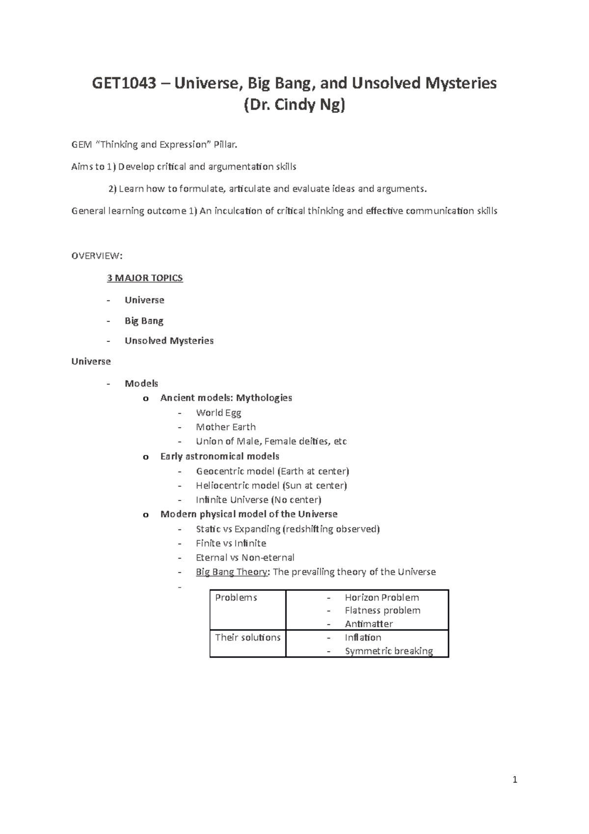 Own Notes - Summary Universe, Big Bang, and Unsolved - GET1043 ...