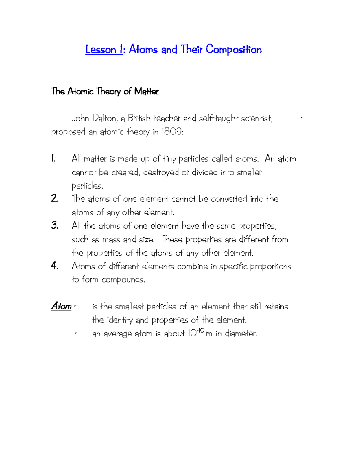 SCH 3U1 Chapter 2 Notes - science class - Lesson 1: Atoms and Their ...