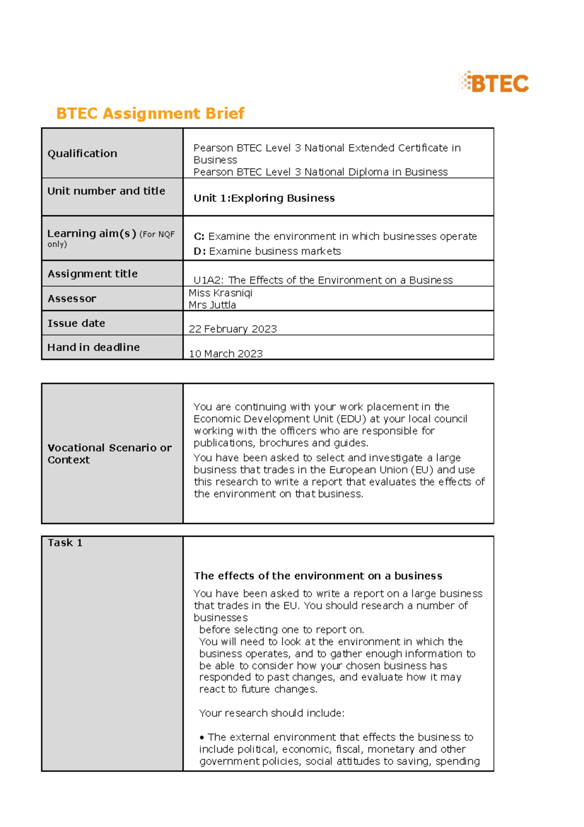 U1A2-Assignment Sept 2022 - BTEC Assignment Brief Qualification Pearson ...