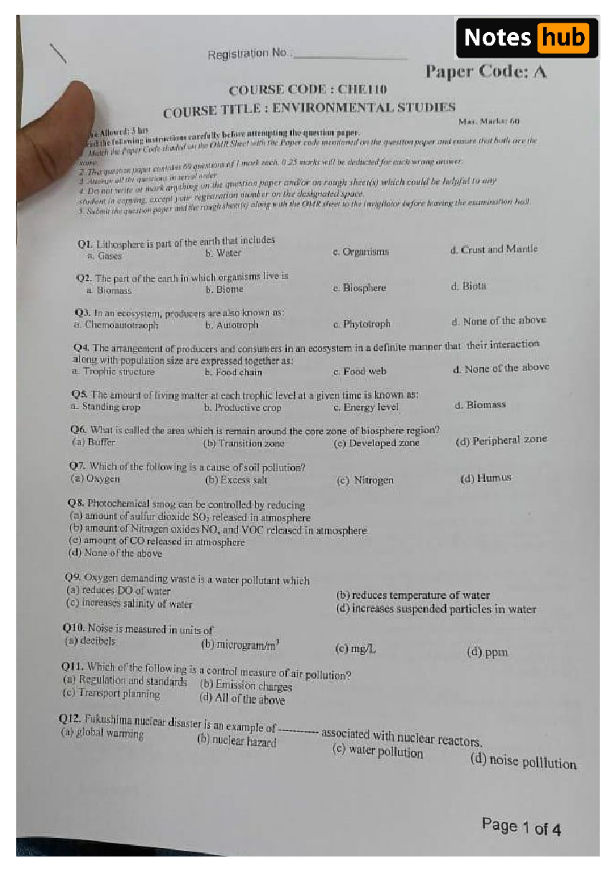 CHE 110 ETE Paper- 1 - its very important - Notes hub Registration No ...