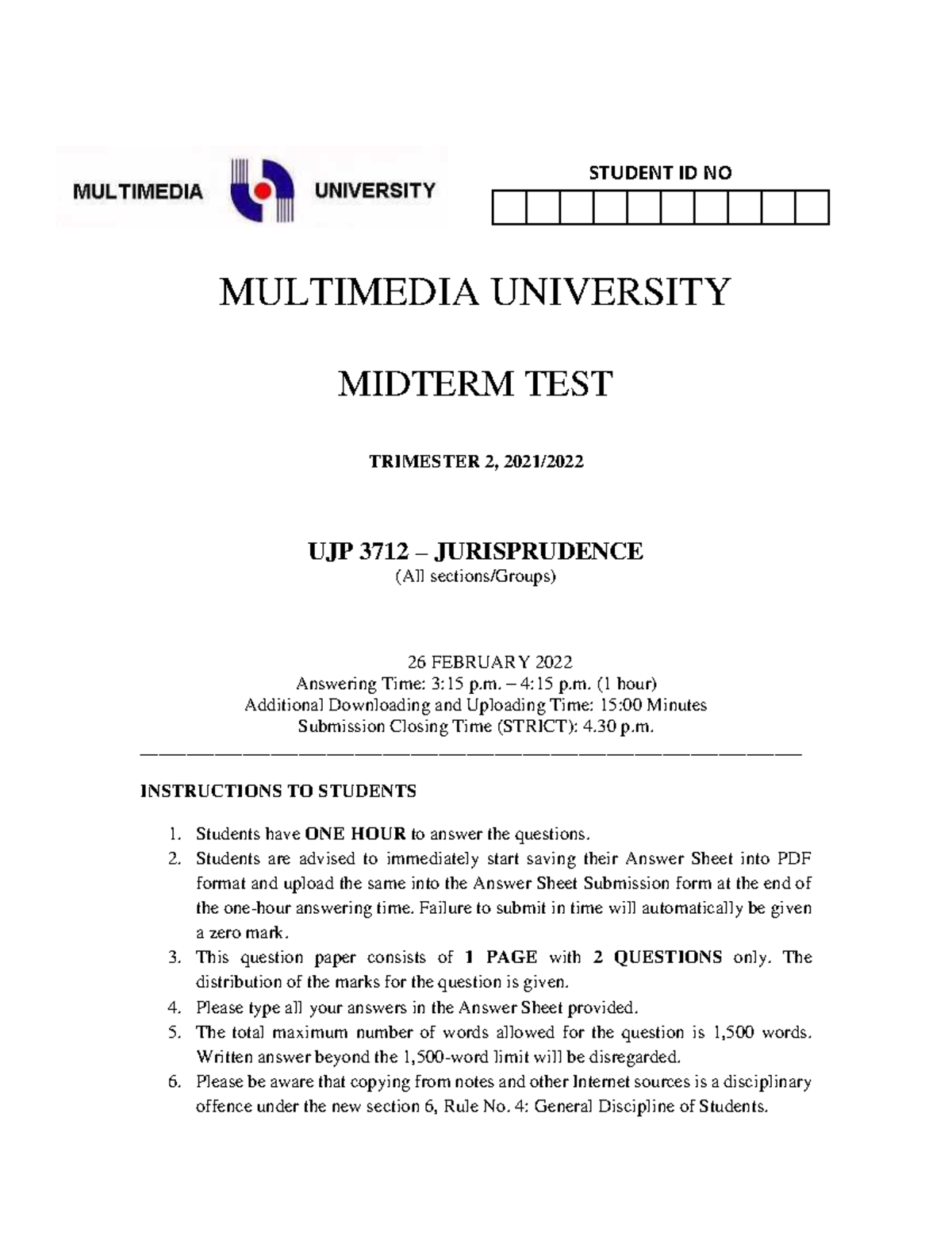 UJP3712MQ - MIDTERM QUESTION - MULTIMEDIA UNIVERSITY MIDTERM TEST ...