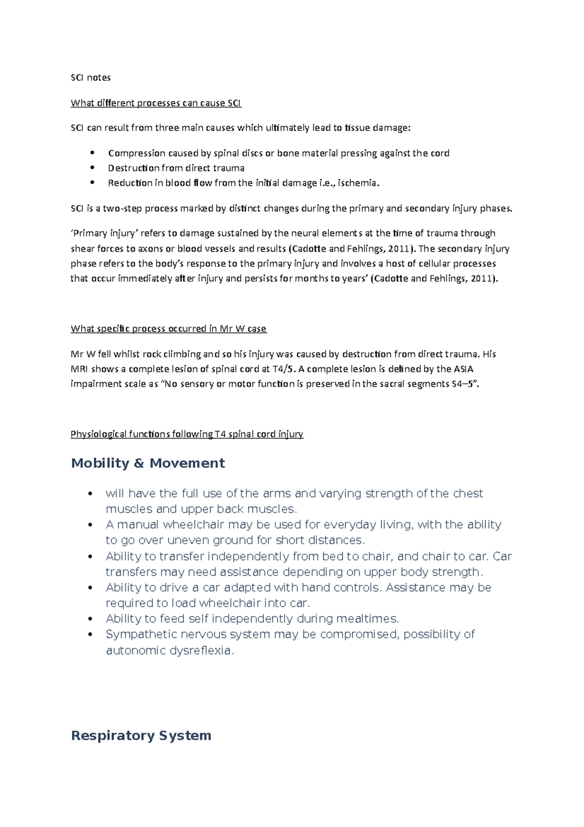 Physiotherapy - Lecture notes - SCI notes - SCI notes What different ...