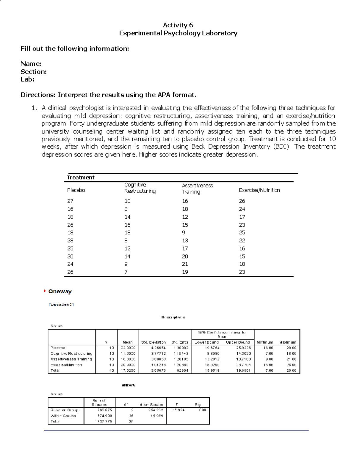 Experimental Psychology - Interpretation - Activity 6 Experimental ...