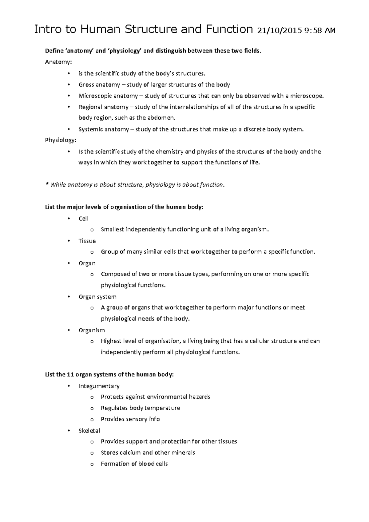 Lecture Notes Lectures 1 11 Intro To Human Structure And Function 21102015 958 Am Define