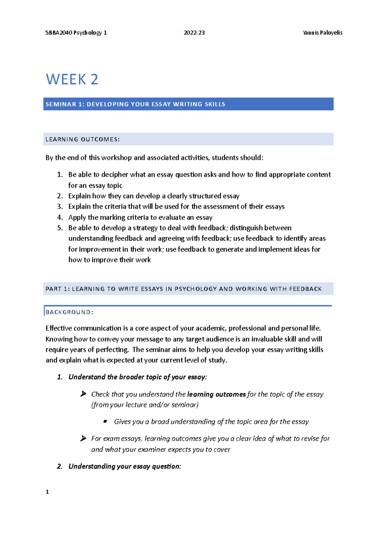 S1 worksheet - lecture notes - WEEK 2 SEMINAR 1: DEVELOPING YOUR ESSAY ...