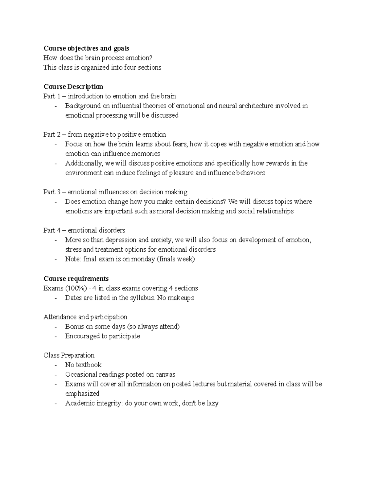 Emotional Brain lecture 1 and 2 - Course objectives and goals How does ...