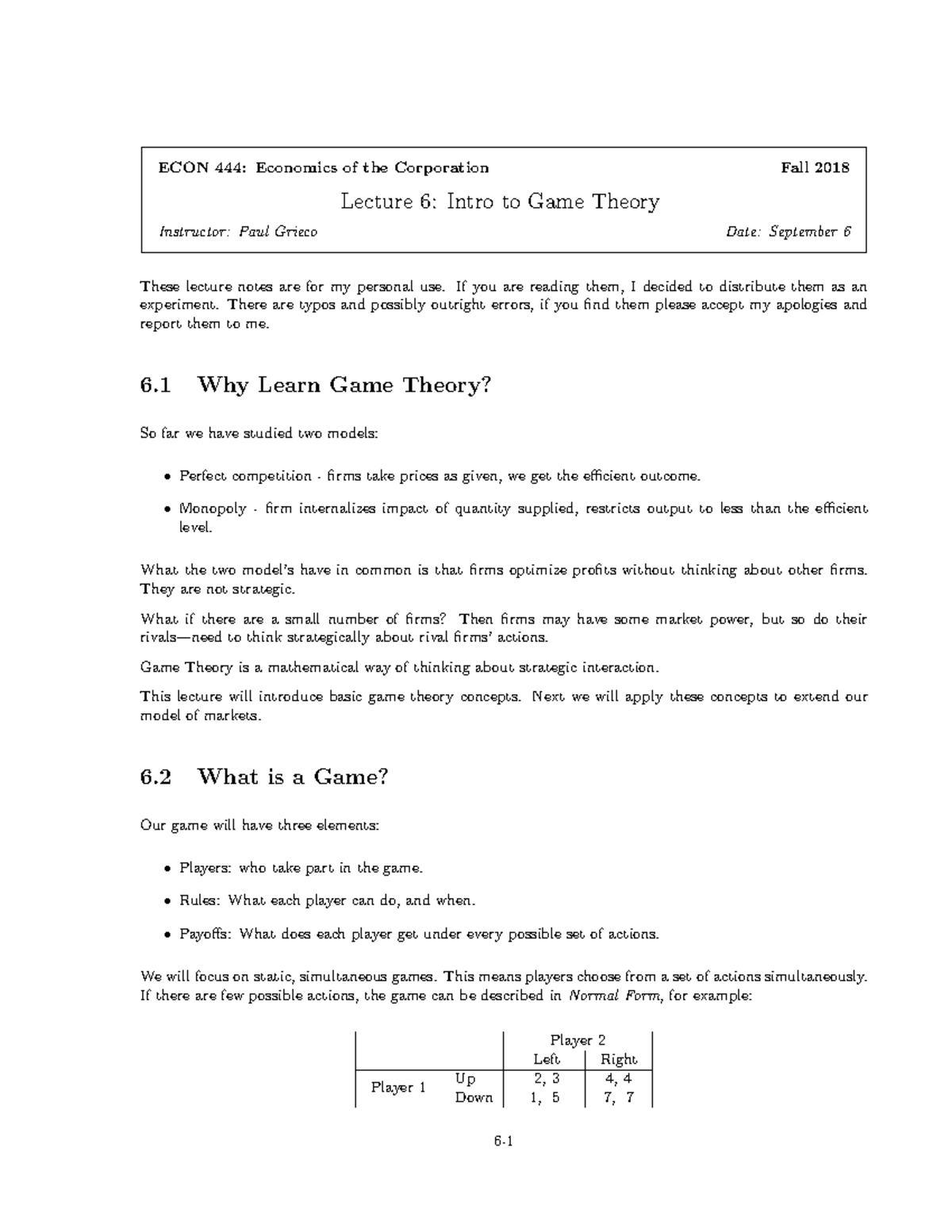 6 Game Theory - ECON 444: Economics of the Corporation Fall 2018 ...