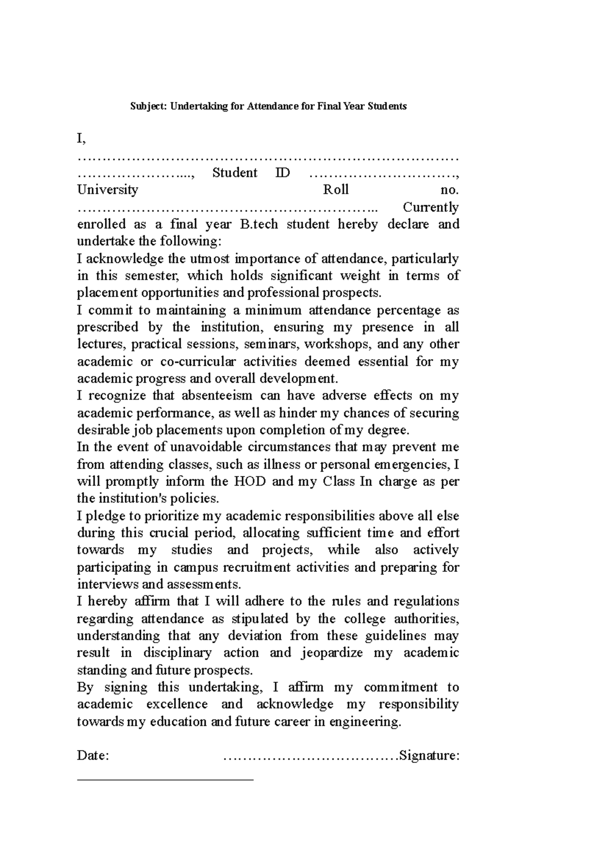 Final Year Undertaking - Subject: Undertaking for Attendance for Final ...