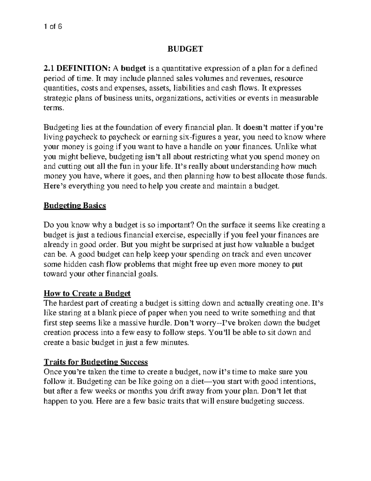 SEC 2 - Sec2 - BUDGET 2 DEFINITION: A budget is a quantitative ...