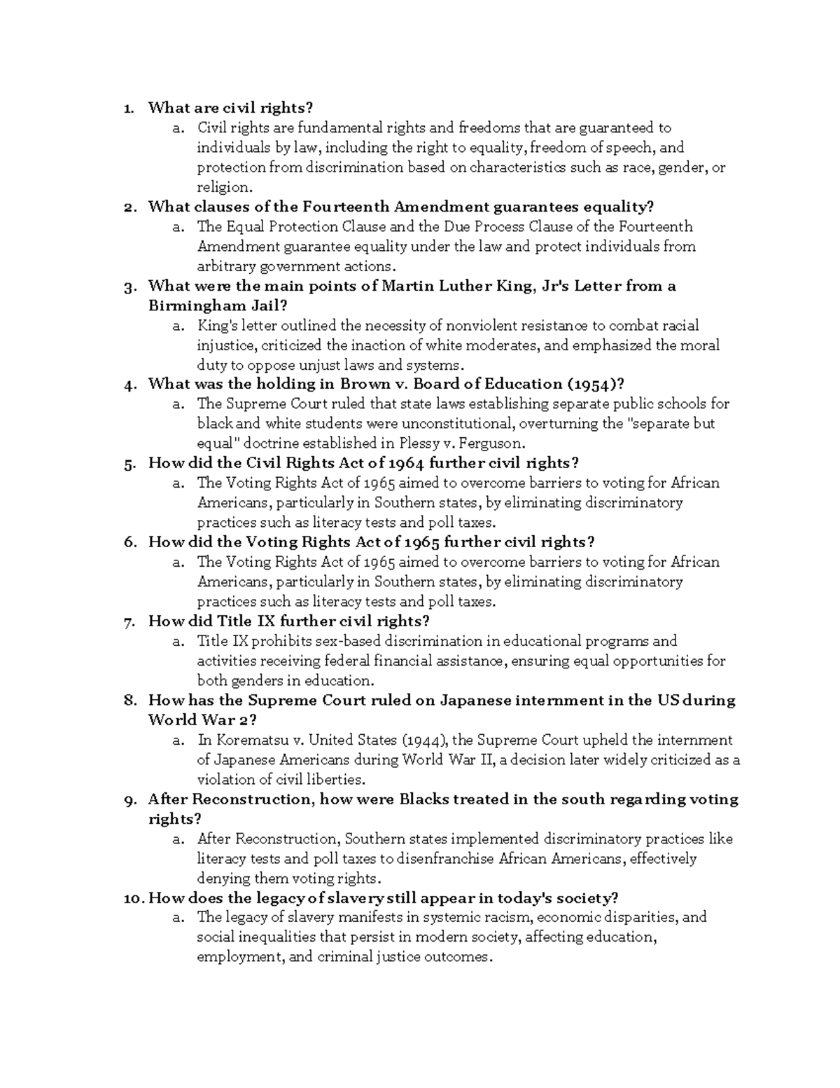 Module 8 Exam Review - What are civil rights? a. Civil rights are ...