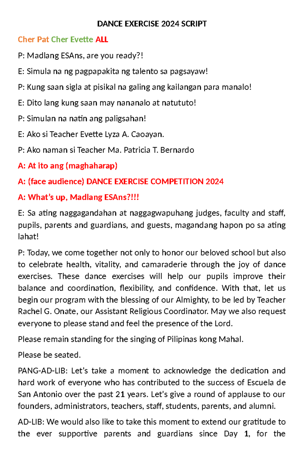 Dance Exercise 2024 Script - DANCE EXERCISE 2024 SCRIPT Cher Pat Cher ...