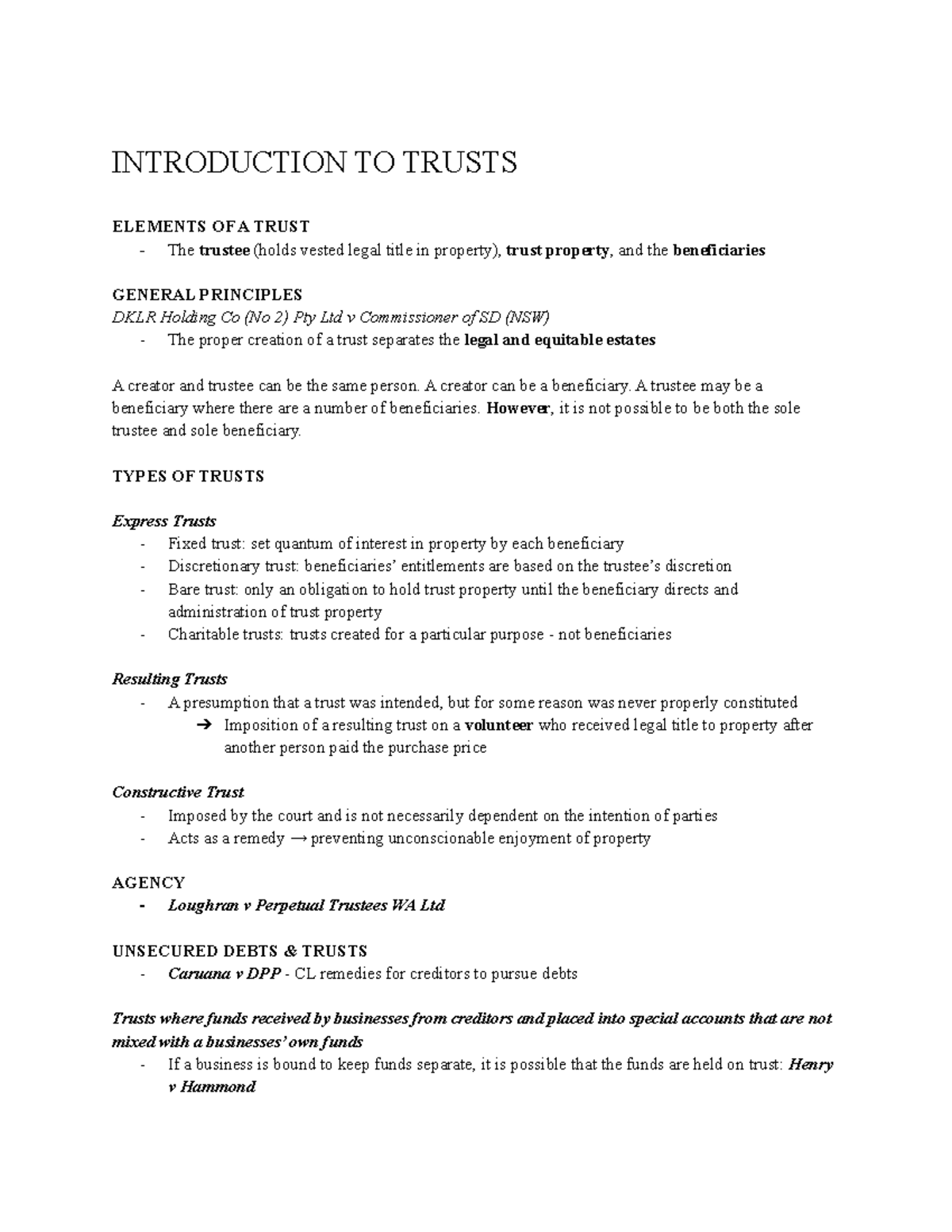 Tracing - INTRODUCTION TO TRUSTS ELEMENTS OF A TRUST The trustee (holds ...
