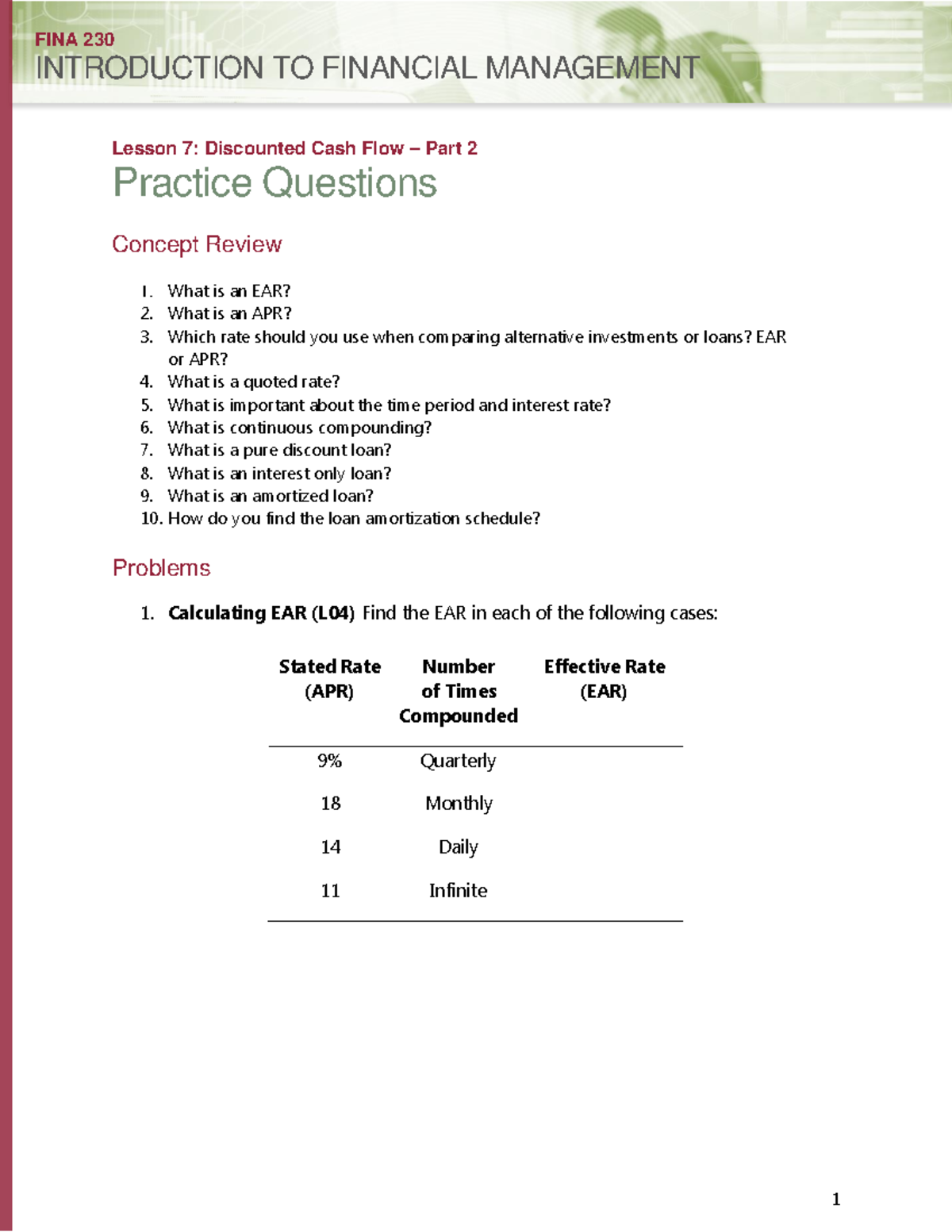 FINA230 Lesson 7 Practice Questions - FINA 230 INTRODUCTION TO ...