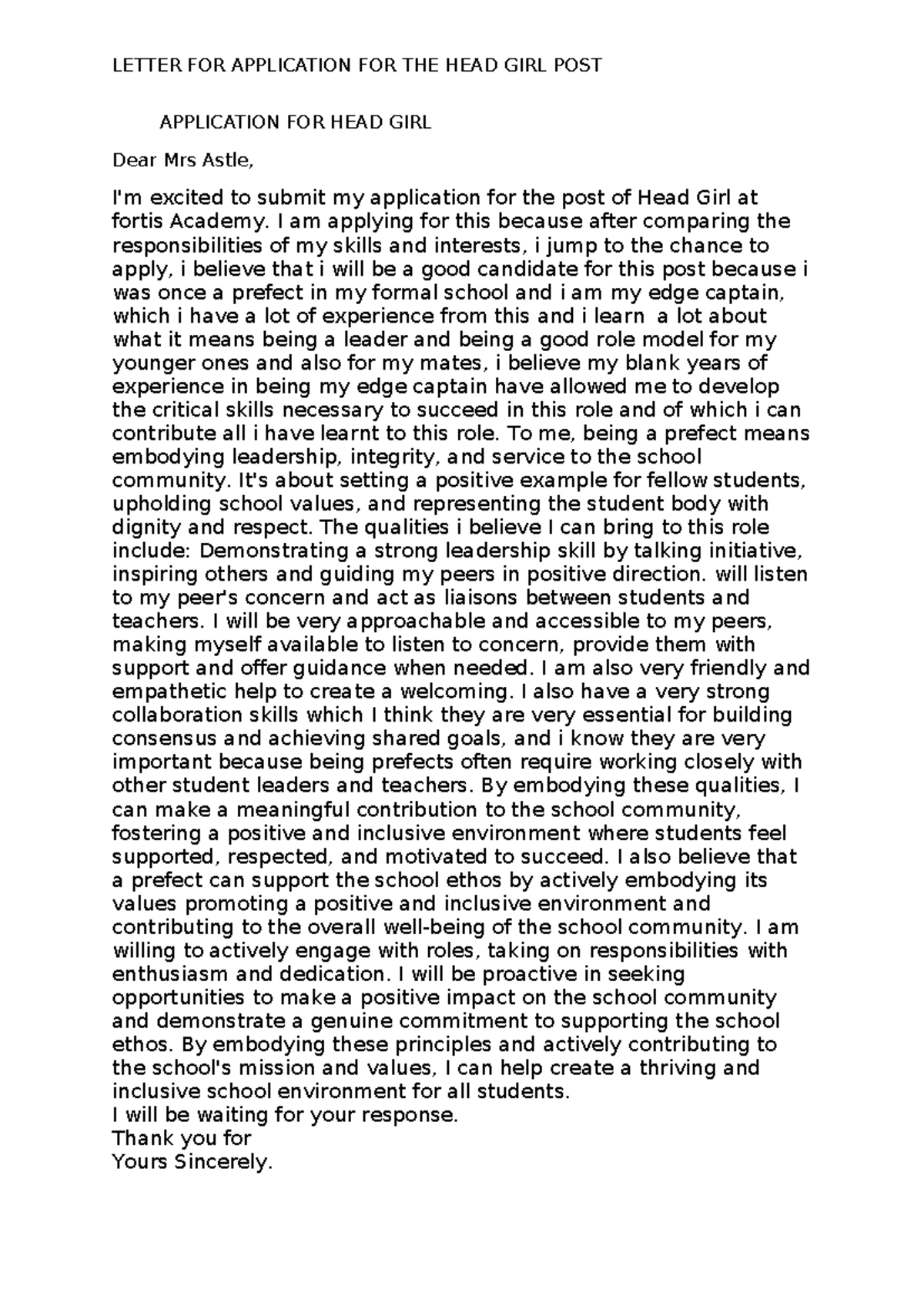 Application letter - LETTER FOR APPLICATION FOR THE HEAD GIRL POST ...