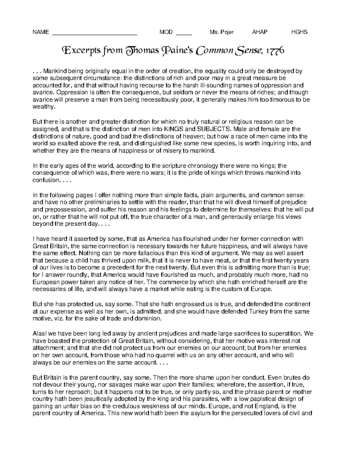 Apush - Chapter 5 excerpts from Common Sense - NAME ...