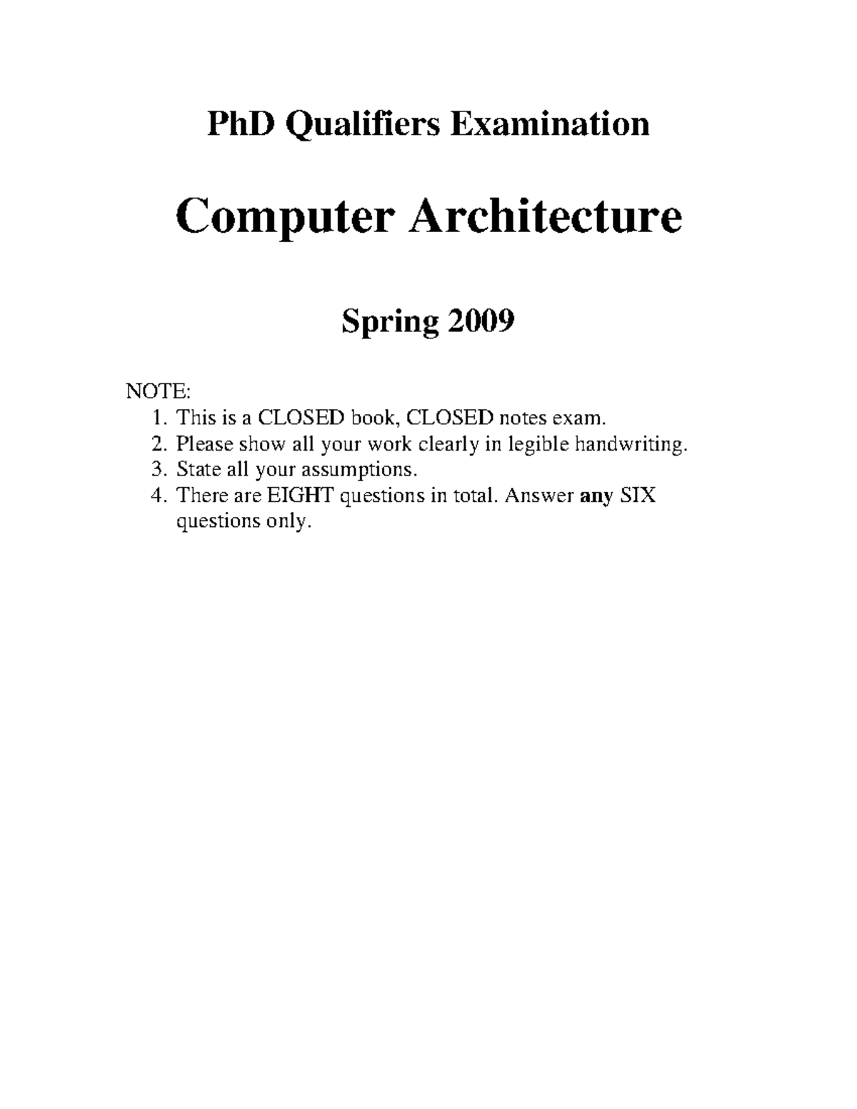 Comp architecture sample questions - PhD Qualifiers Examination ...