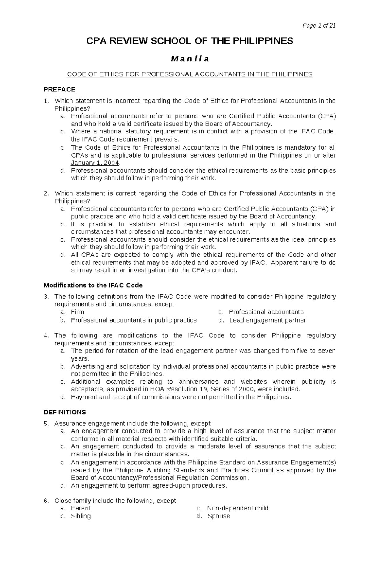 Questions Code of Ethics - CPA REVIEW SCHOOL OF THE PHILIPPINES M a n i ...