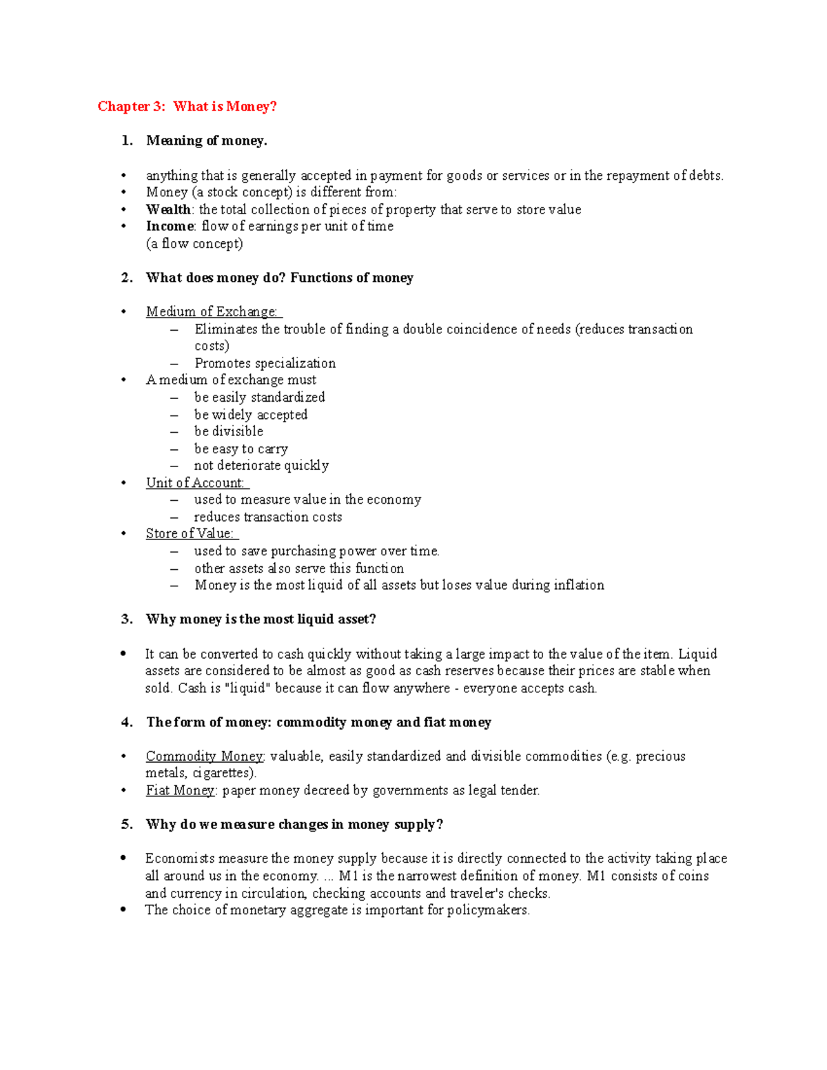 ECO 315 Midterm Study Guide Chapter 3 What Is Money 1 Meaning Of