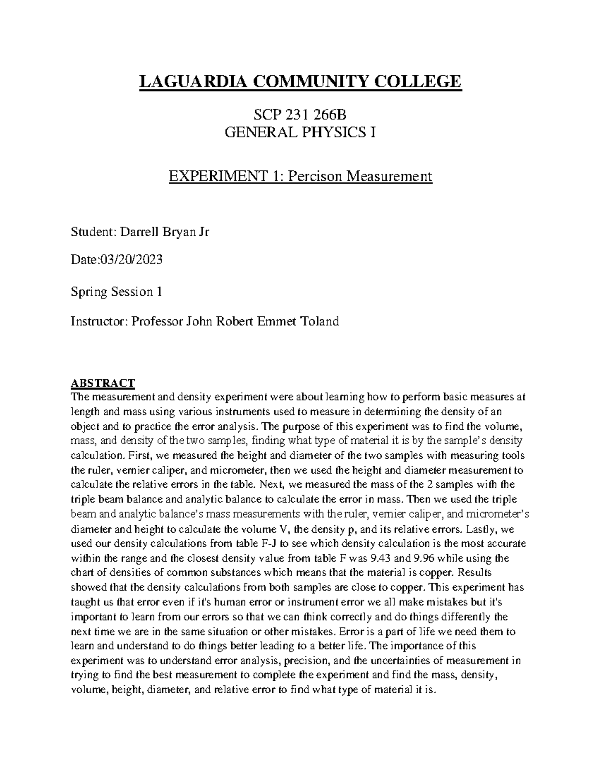 Lab 1 Percison Measurement By Darrell Bryan jr (4) - LAGUARDIA ...