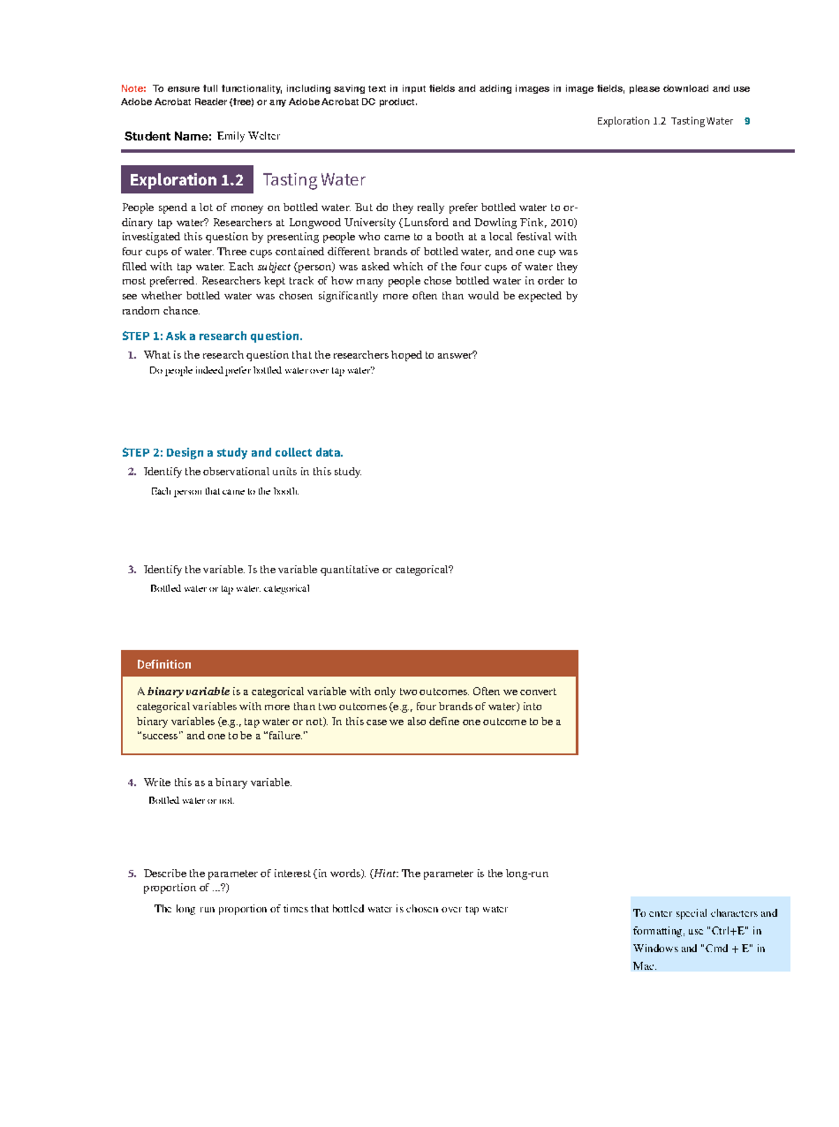Exploration 1 - exp 1 - Exploration 1 Tasting Water 9 Note: To ensure full functionality ...
