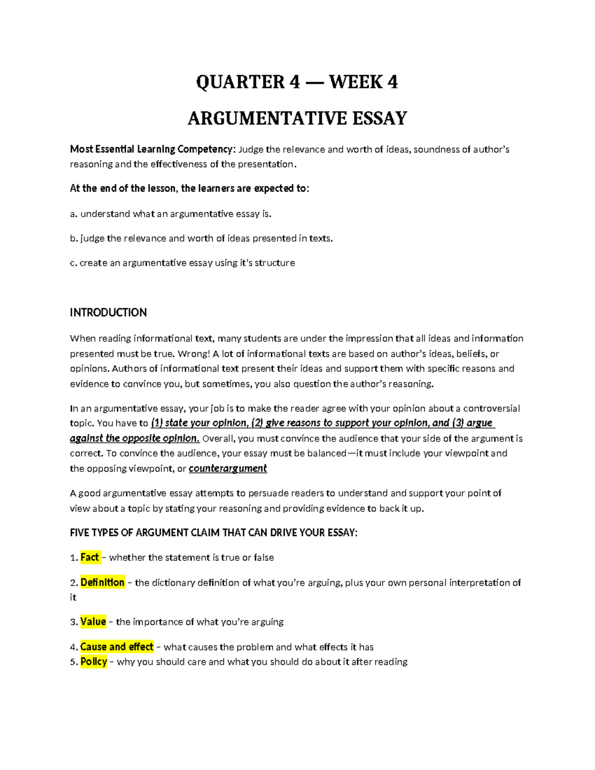 Q4W4 Handouts - QUARTER 4 — WEEK 4 ARGUMENTATIVE ESSAY Most Essential ...