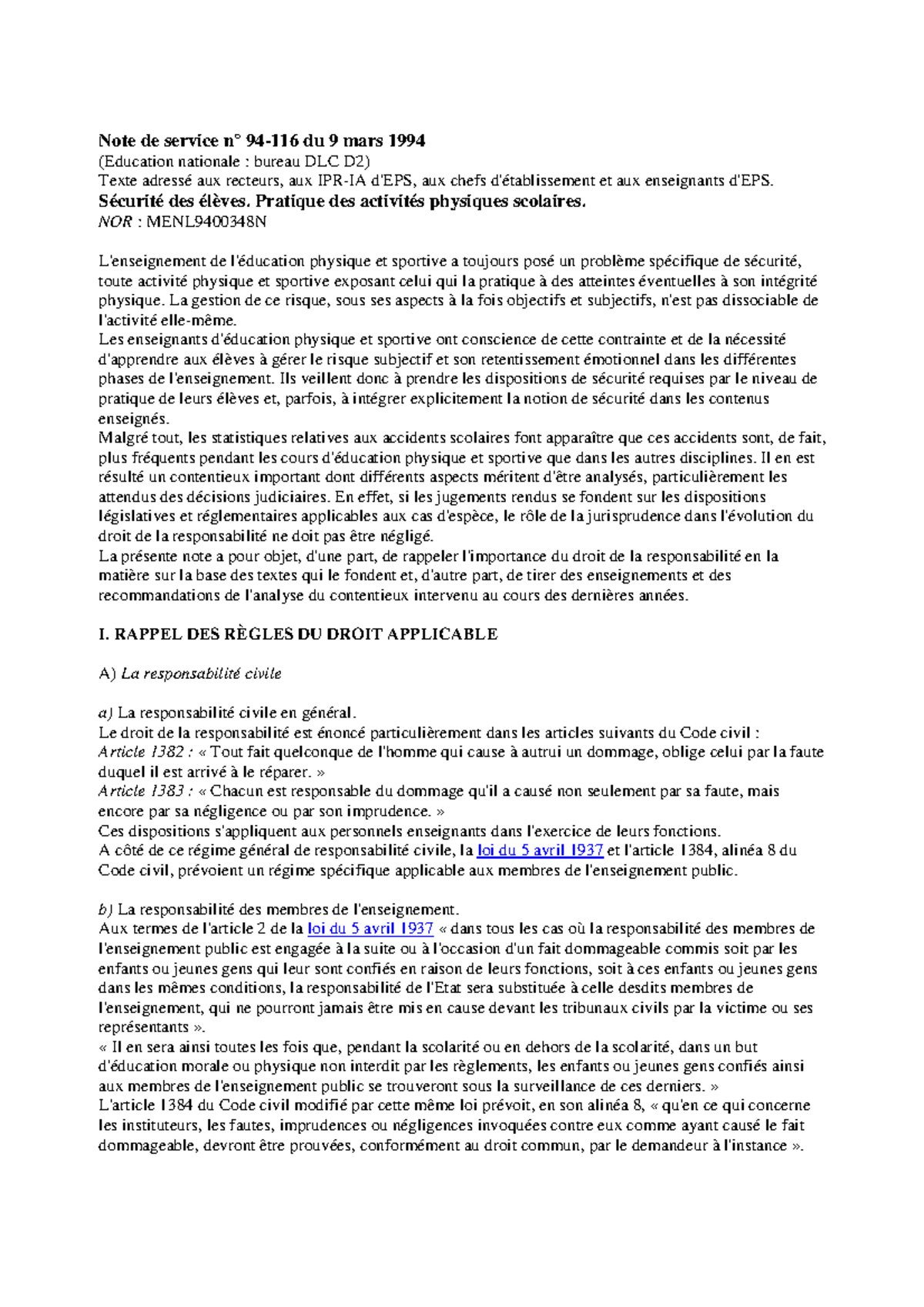 Note de service sécurité EPS 1994 - Note de service n° 94-116 du 9 mars ...