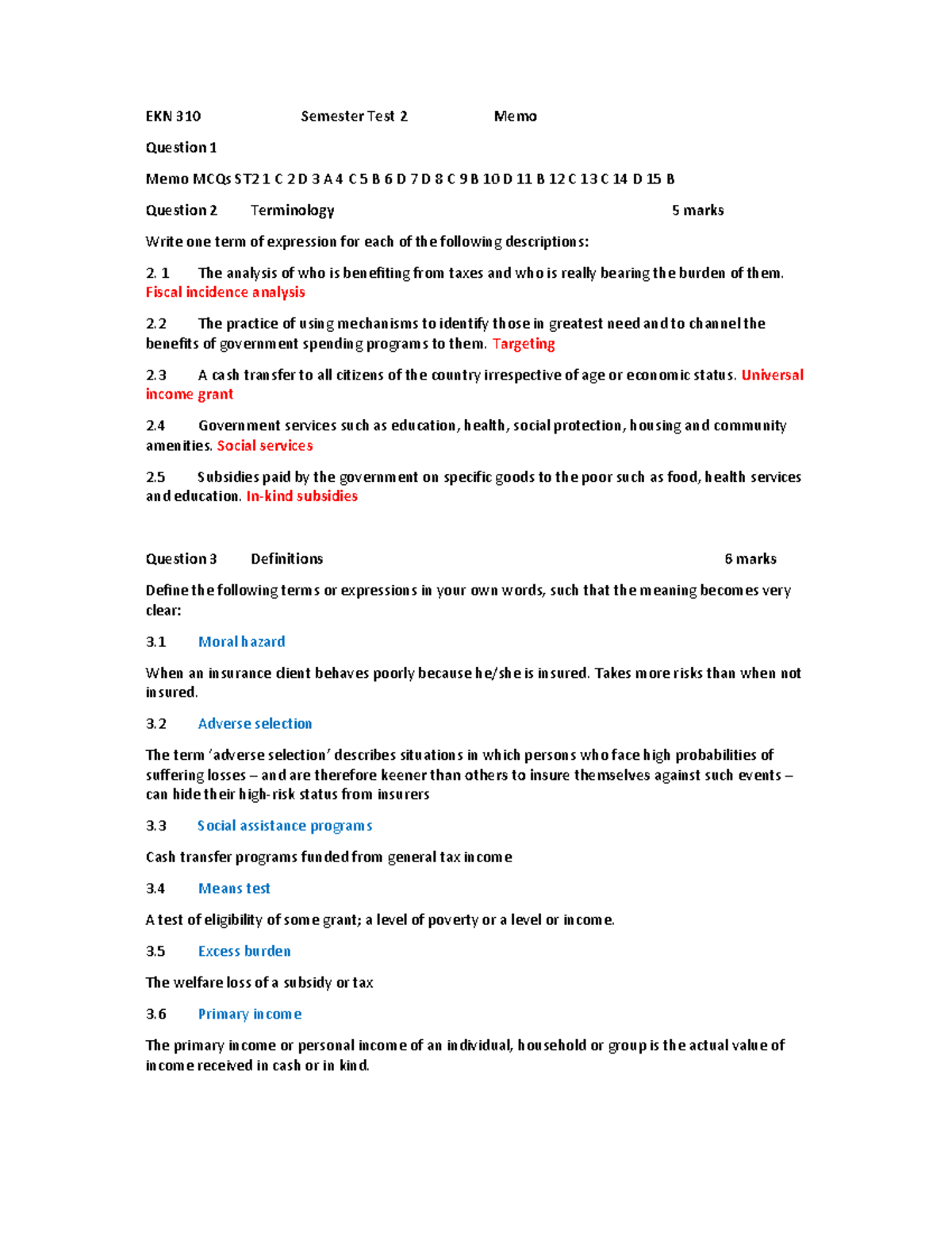 EKN310 ST2 2022 Memo - tutorial work to prepare for exams - EKN 310 ...