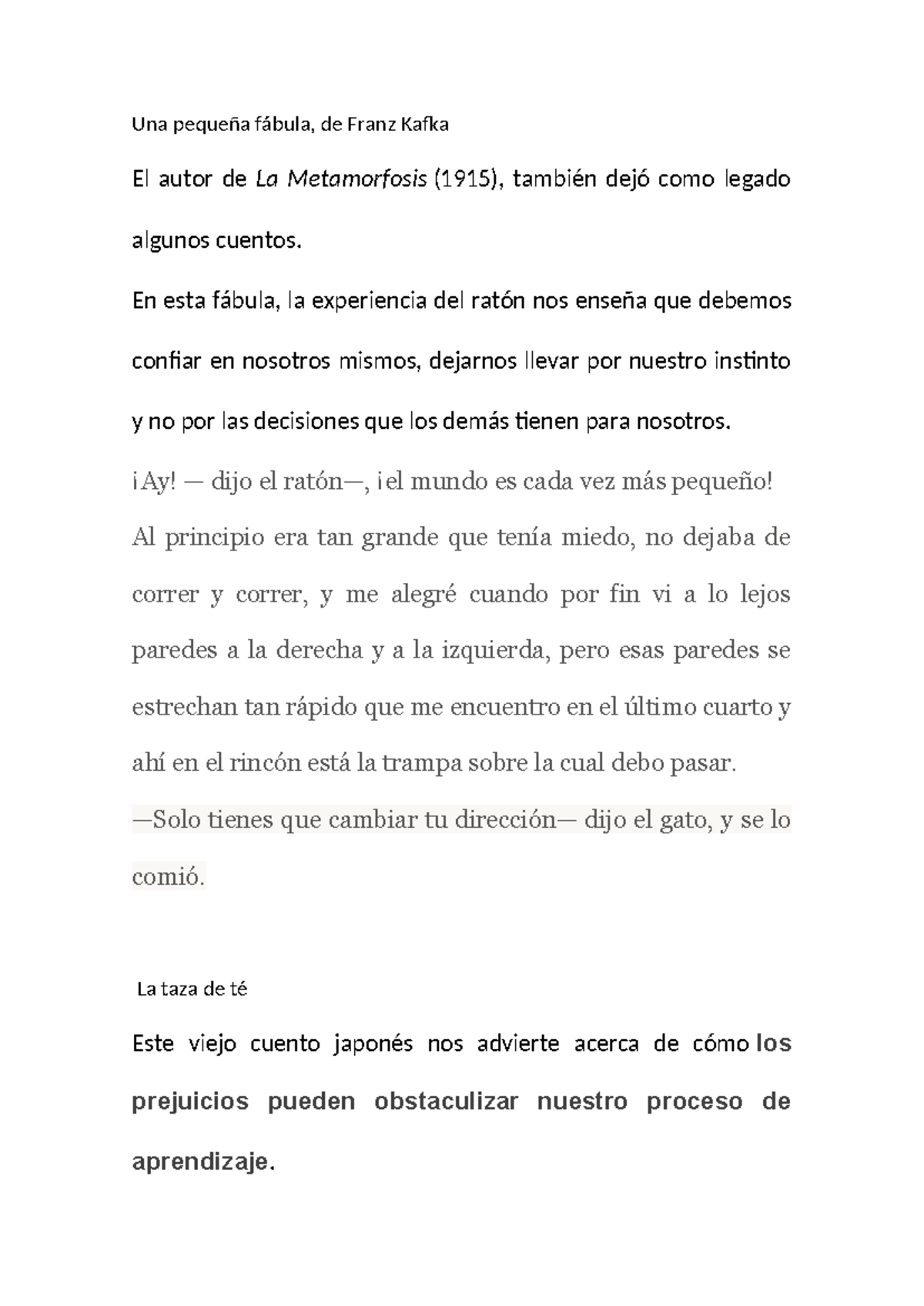 Una pequeña fábula - comprensión está relacionado con el verbo ...