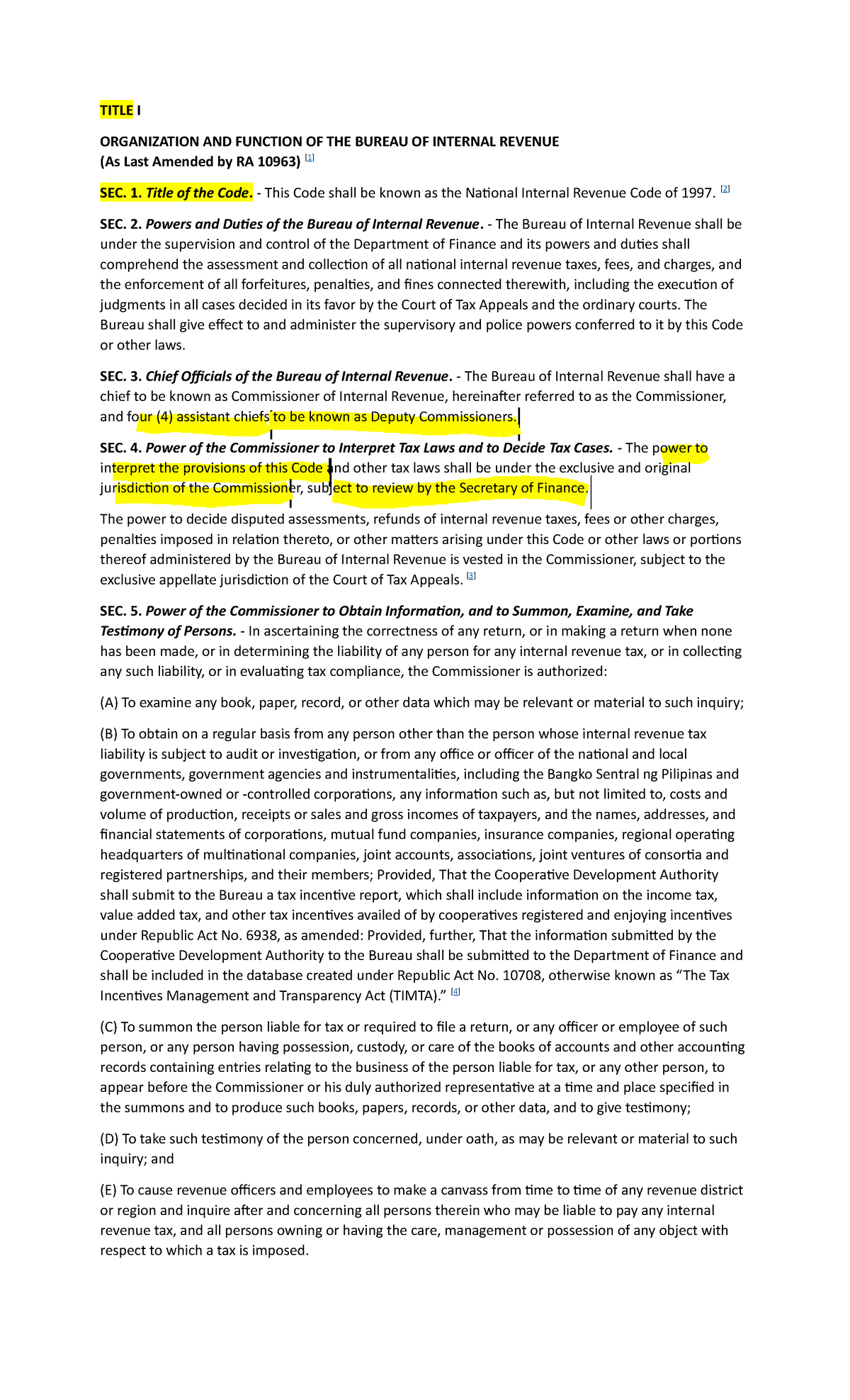 Bir administration - Philippines Tax Code - TITLE I ORGANIZATION AND ...