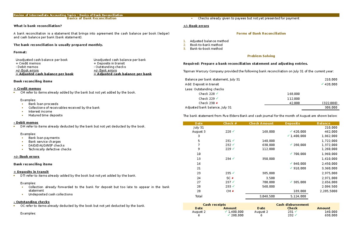 Basics of Bank Reconciliation - Review of Intermediate Accounting ...