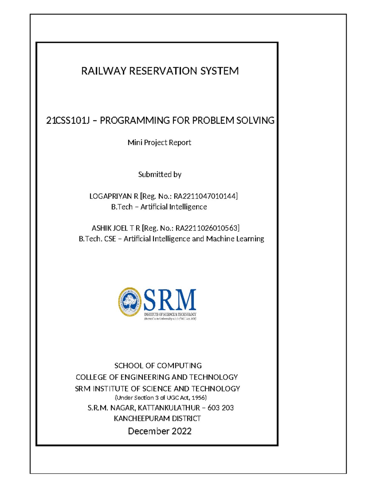 railway reservation system - RAILWAY RESERVATION SYSTEM 21 CSS101J ...