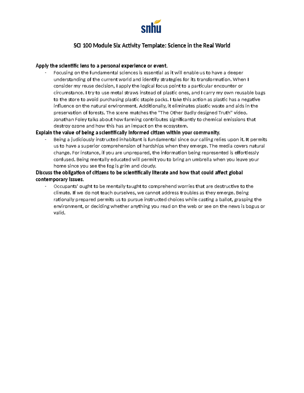 SCI 100 Module Six - SCI 100 Module Six Activity Template: Science in ...