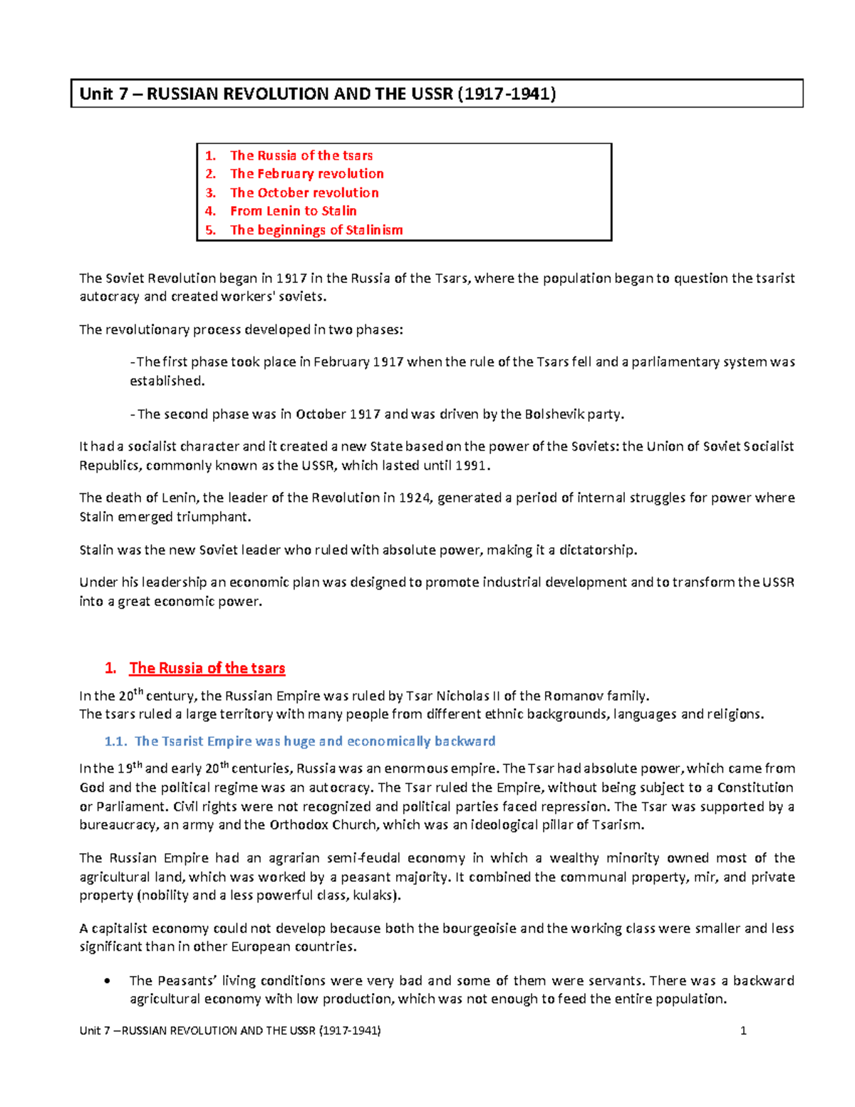 Unit 07 - Russian Revolution AND THE USSR (text) - Unit 7 – RUSSIAN ...