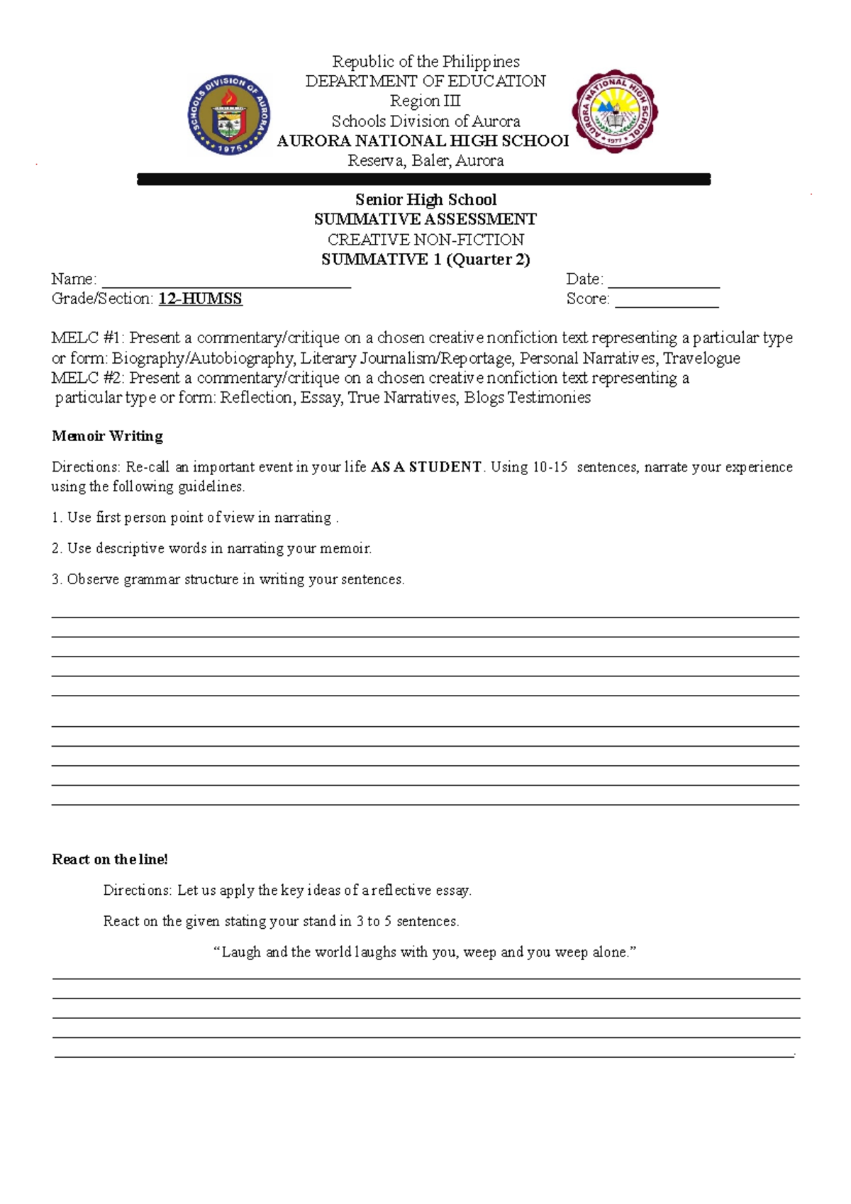 CNF Summative 1 Q2 1 - n short, creative nonfiction (CNF) is a form of ...