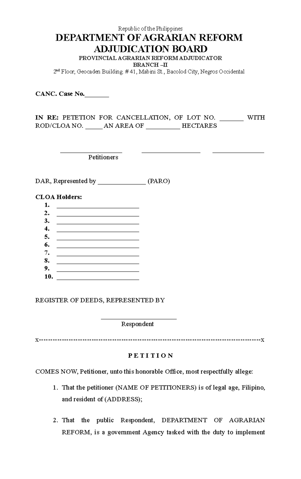 Petition for cancellation Template - Republic of the Philippines ...