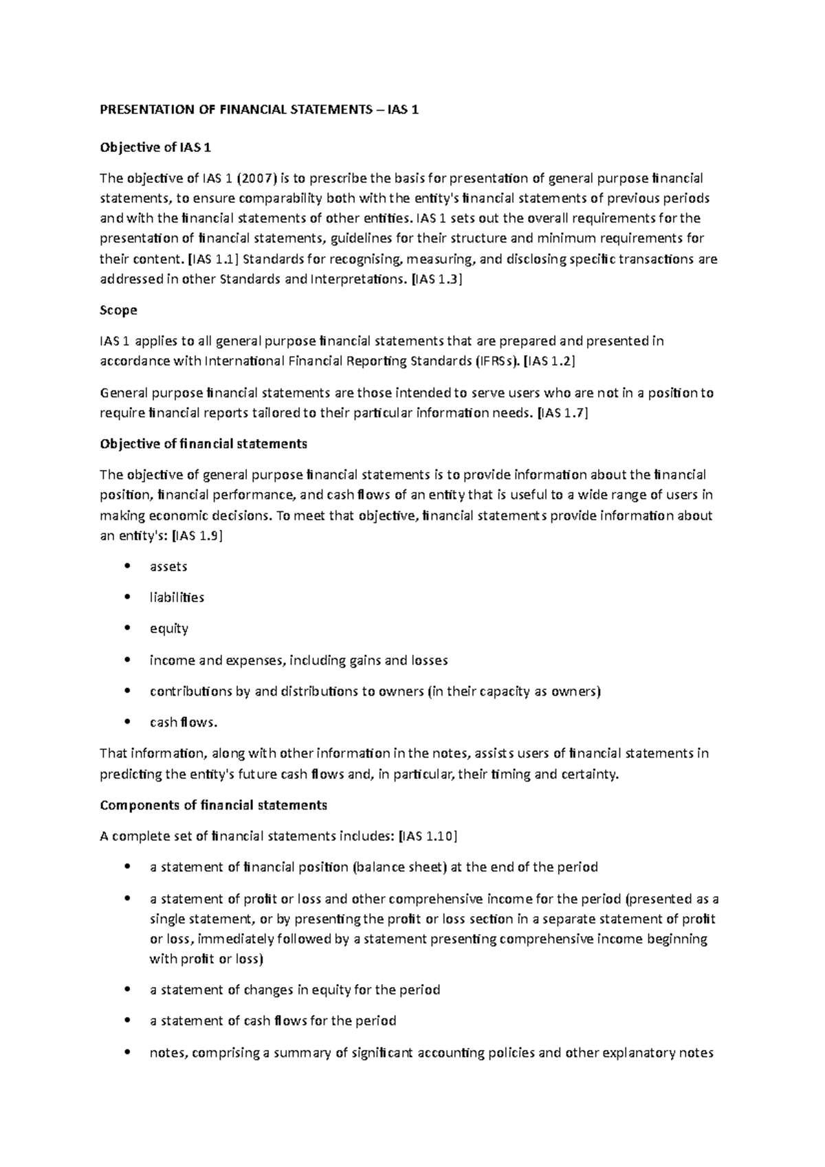 IAS 1 Notes - They are key. - PRESENTATION OF FINANCIAL STATEMENTS ...