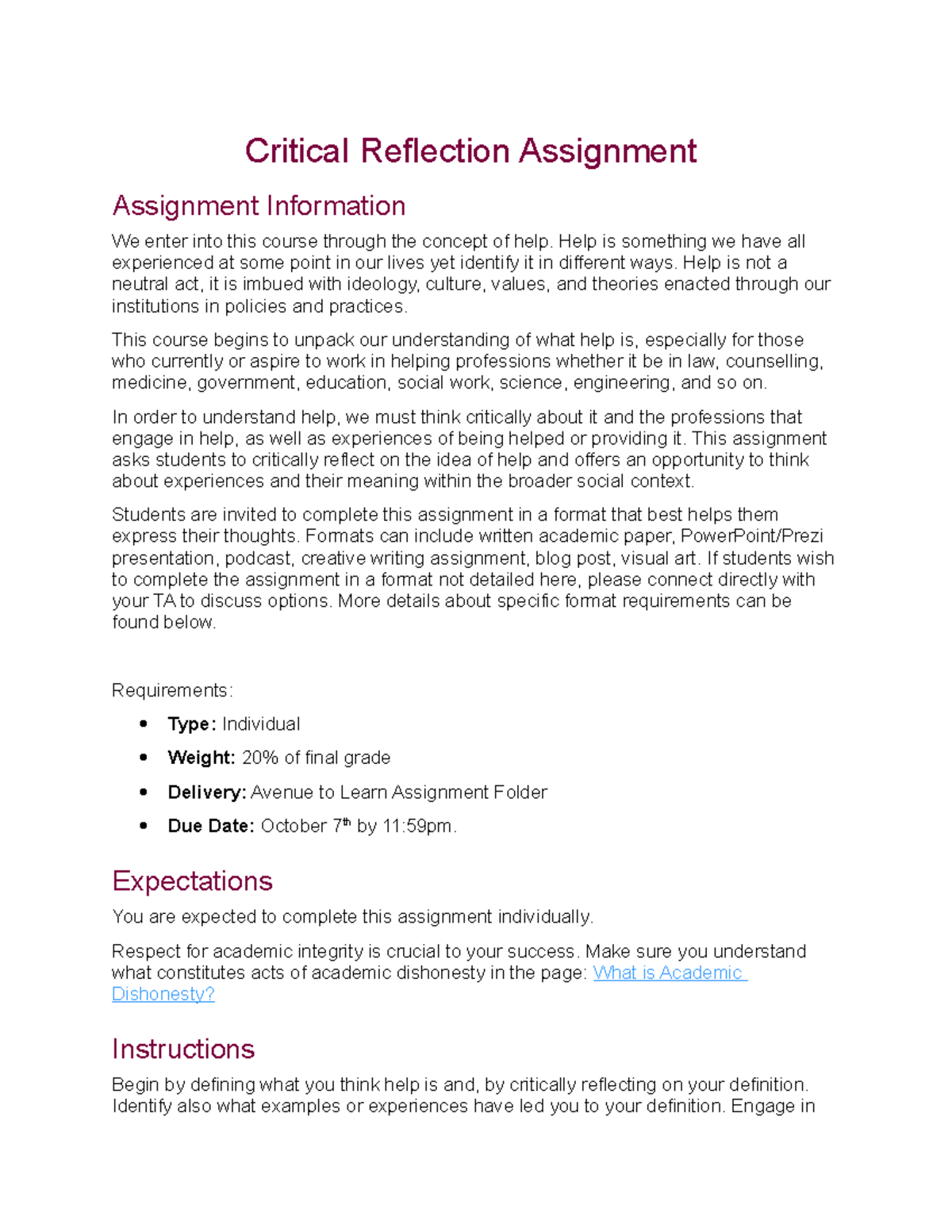 1AA3 2022 Critical Reflection Paper Instructions and Rubric - Critical ...