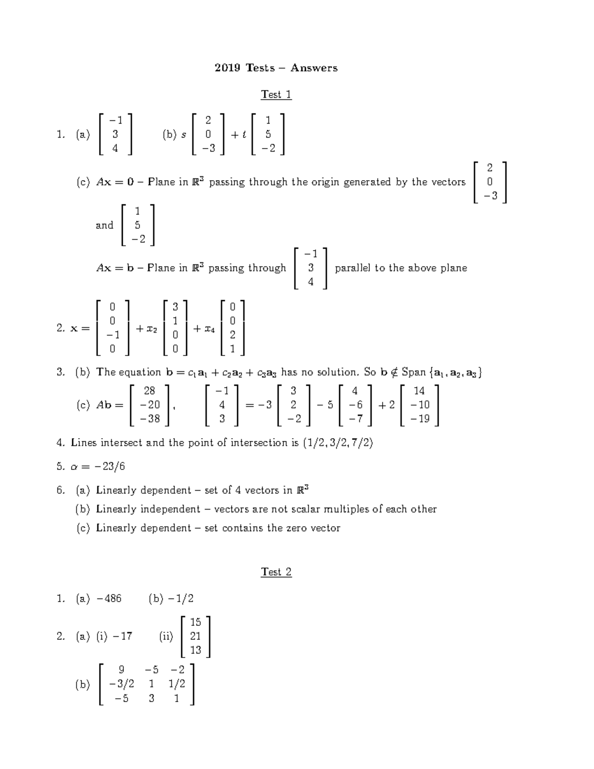 Answers (2019 Tests) - test - 2019 Tests – Answers Test 1 (a) − 1 3 4 ...